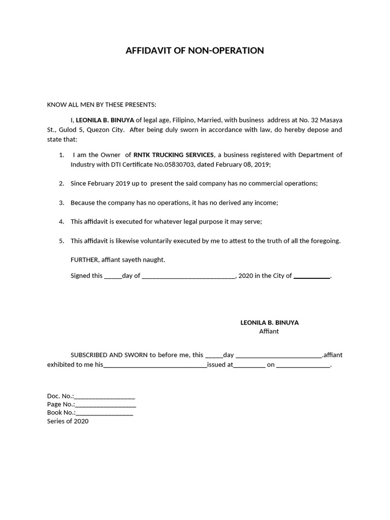 Affidavit of Non-Operation for Business | PDF
