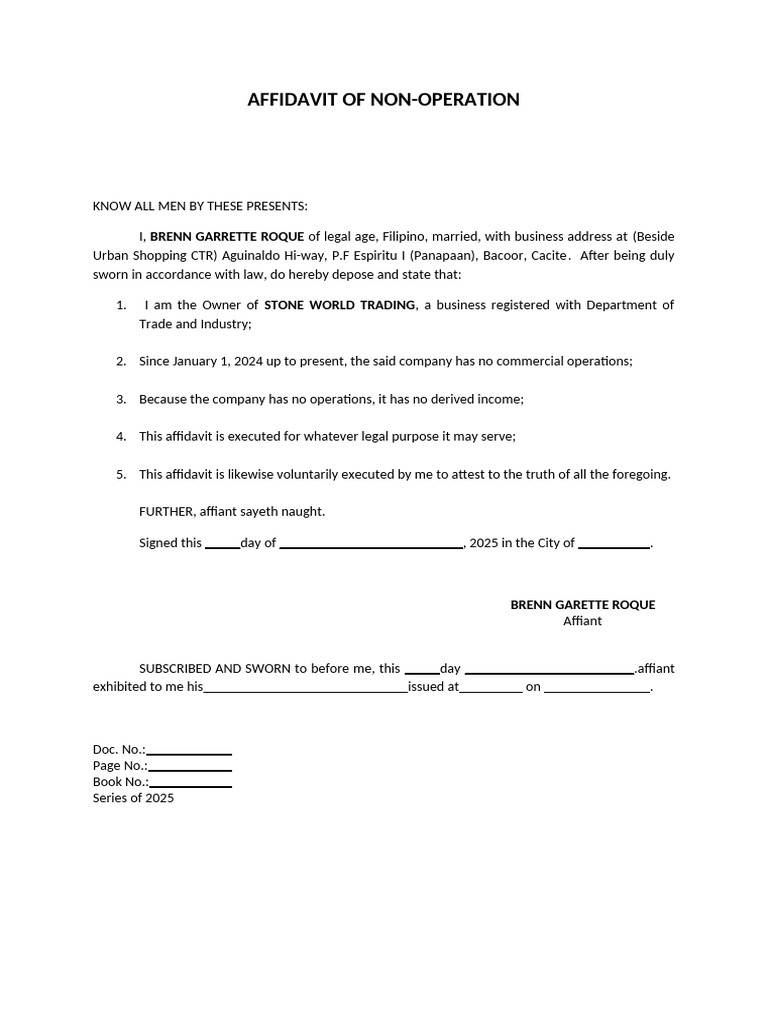 Affidavit of Non-Operation for Business | PDF