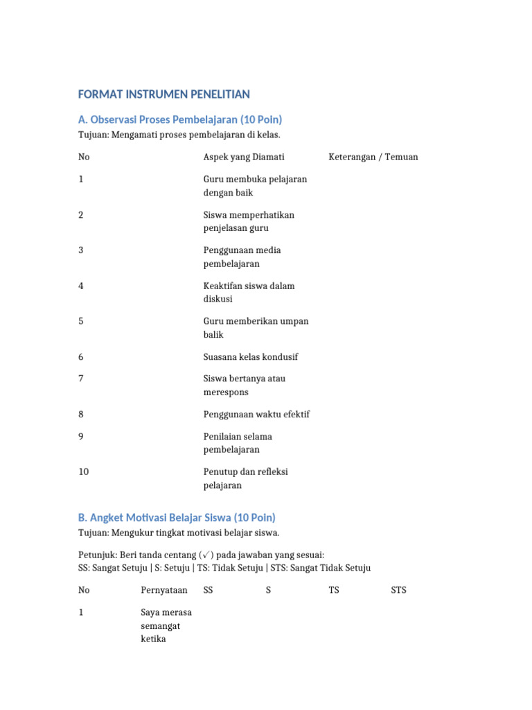 Instrumen Penelitian Motivasi Belajar Siswa | PDF