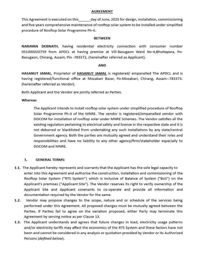 Narayan Debnath Agreement | PDF | Arbitration | Solar Panel