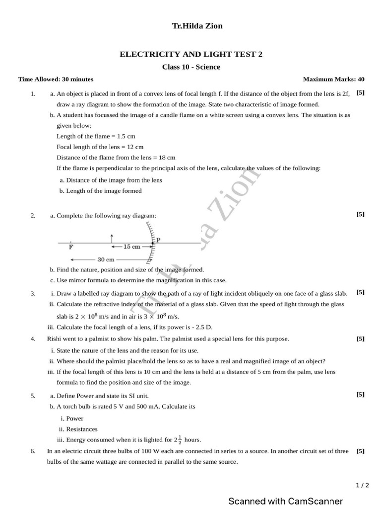 X Electricity and Light - Class Test | PDF