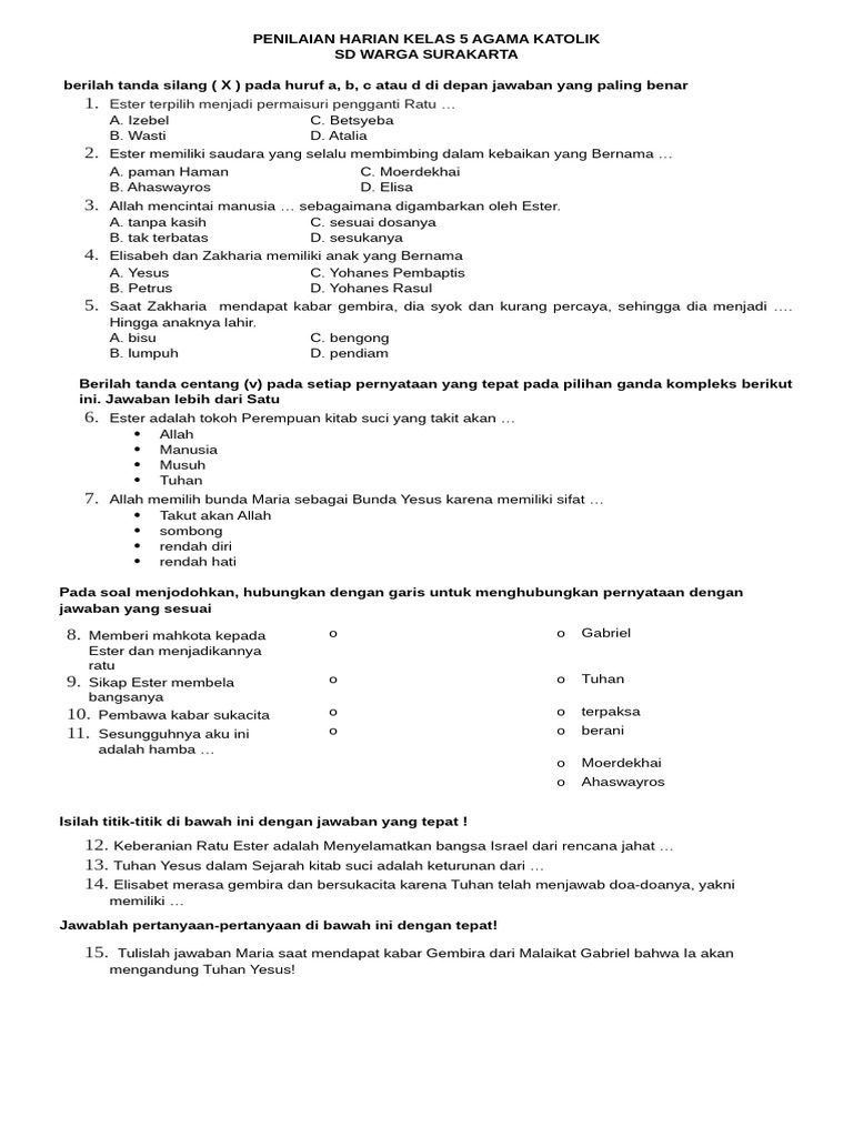 Penilaian Harian Kelas 5 Agama Katolik | PDF