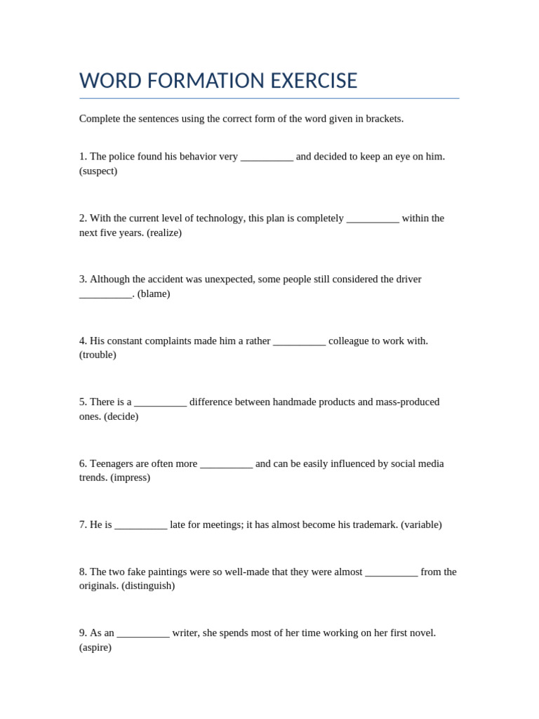Word Formation Exercises with Answers | PDF