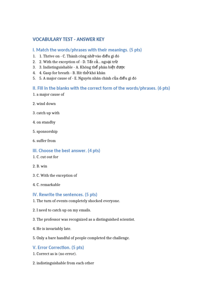 Vocabulary Test Answer Key | PDF