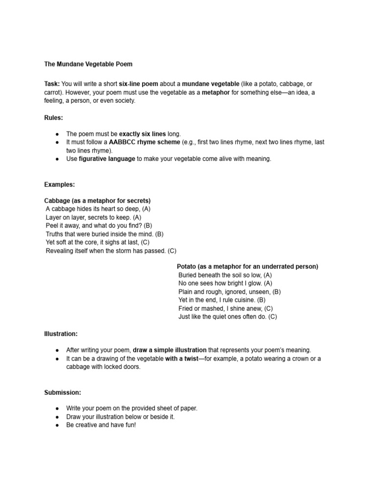 Creative Vegetable Metaphor Poem | PDF