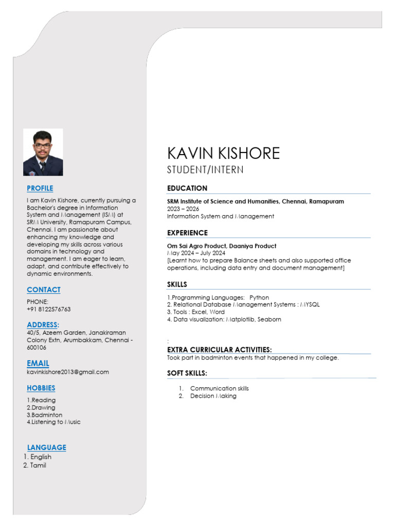 KAVIN KISHORE Resume | PDF