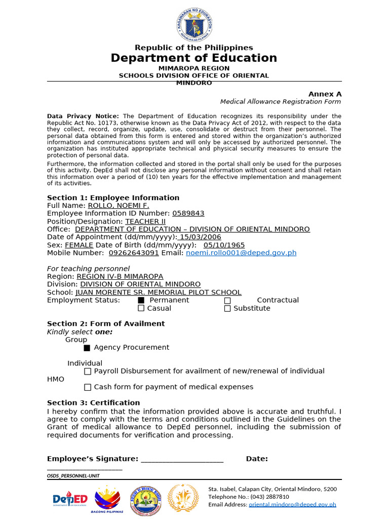 Medical Allowance Registration Form | PDF