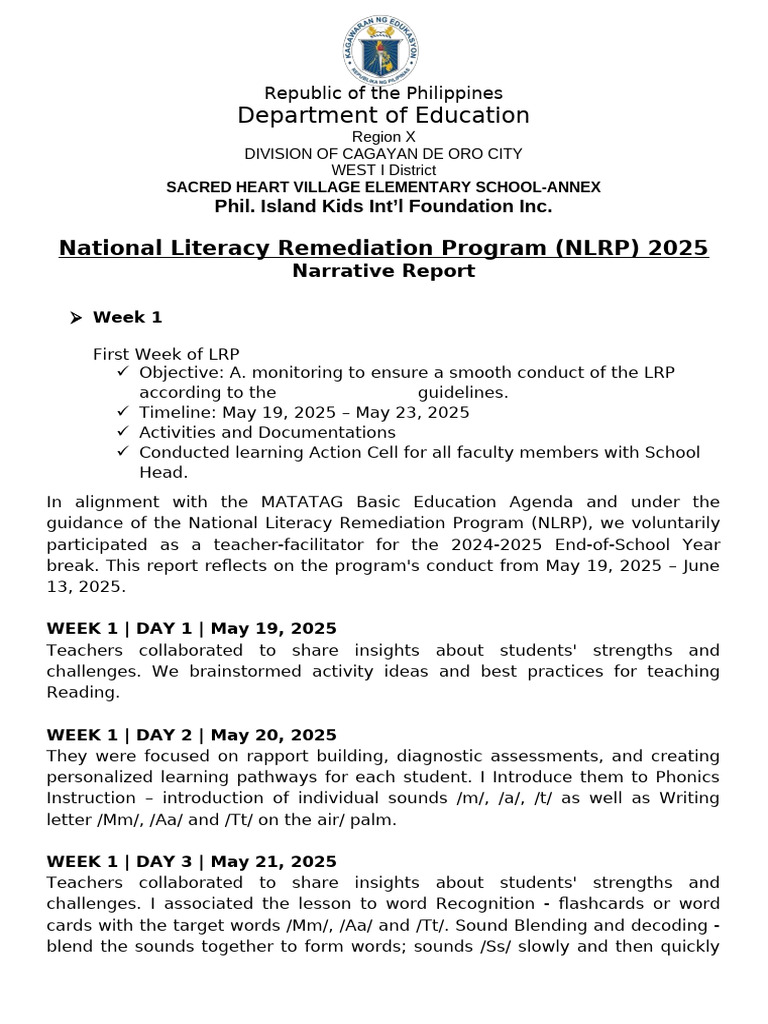 NLRP 2025 Weekly Narrative Report | PDF | Phonics | Behavior Modification