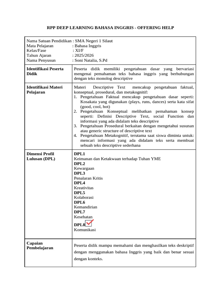 RPP Deep Learning Descriptive Text Kelas XI | PDF