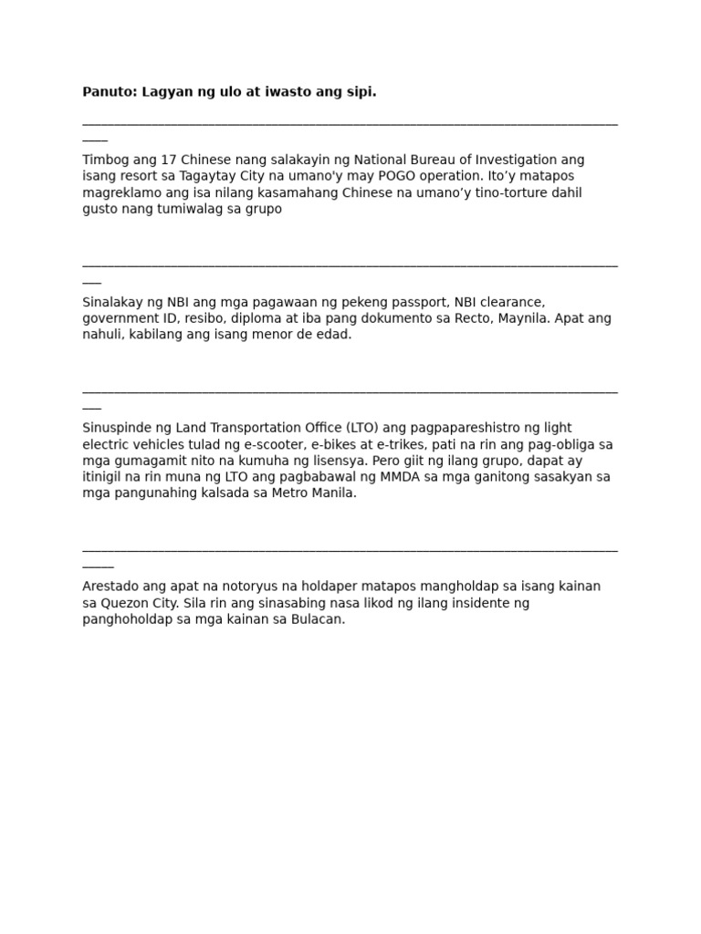 Copyreading Exercise Filipino 14 | PDF