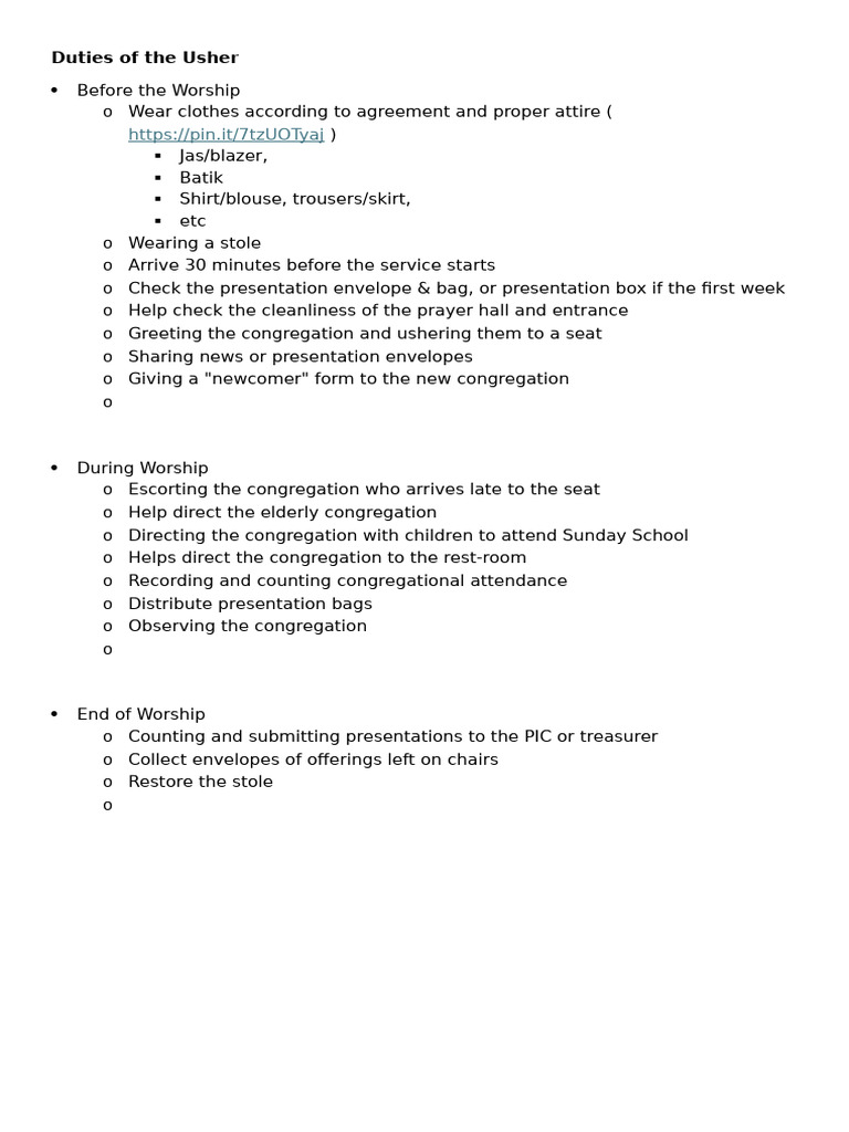 Usher Duties in Church Worship | PDF