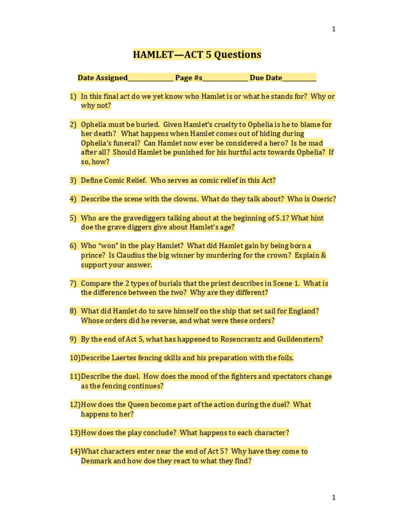 Hamlet Act 5 Study Guide Questions | PDF | Hamlet | Shakespearean Tragedies