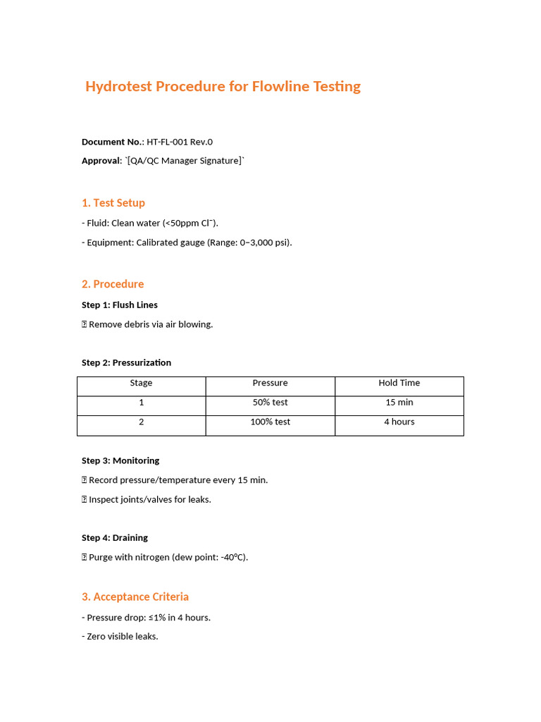 Hydrotest Procedure For Flowline Testing | PDF