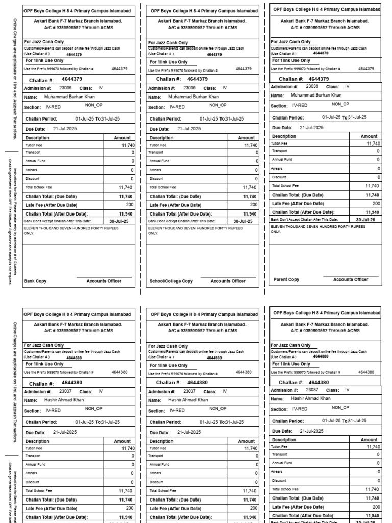 OPF Boys College Fee Challan Details | PDF | Banks | Fee