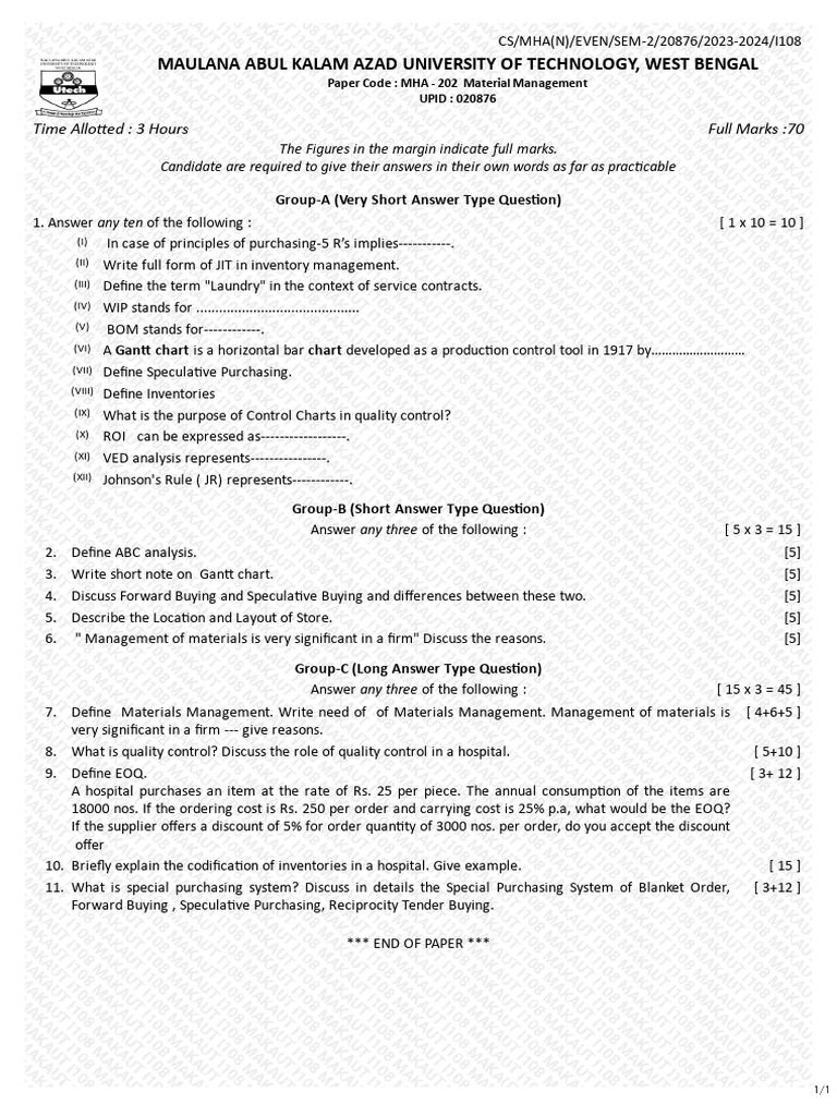 Material Management Exam Paper 2023 | PDF | Management Accounting ...