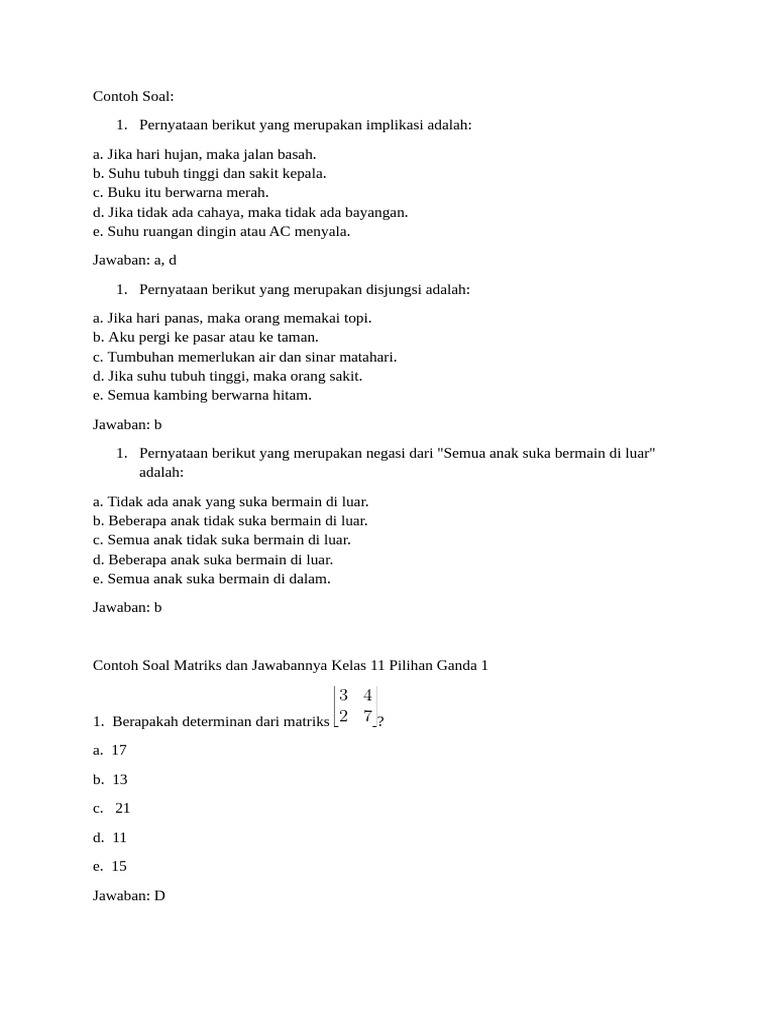 Contoh Soal SAT dan Matriks Kelas 11 | PDF