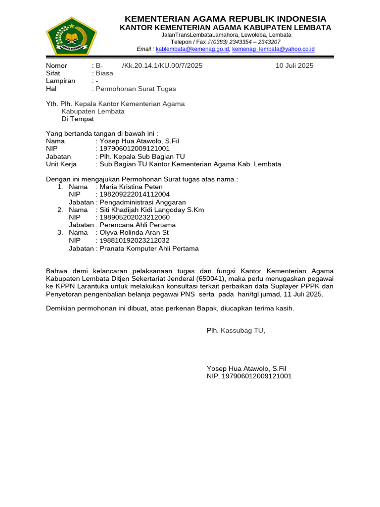 Permohonan Surat Tugas Kemenag Lembata | PDF