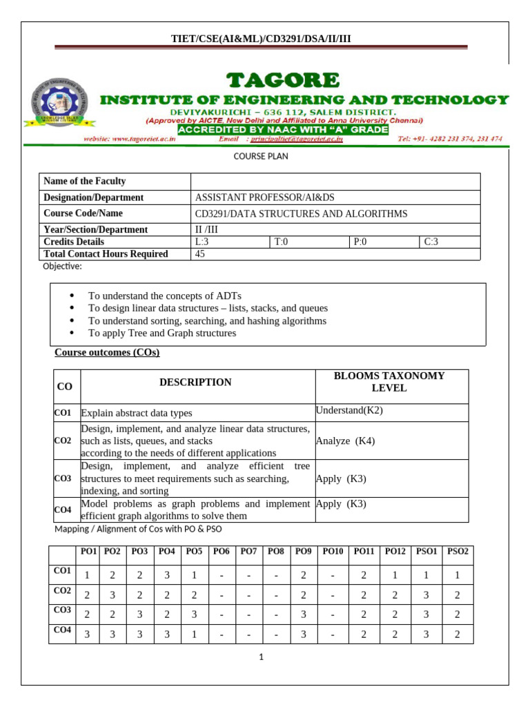 CD3291 Course Plan 25-26 | PDF | Theoretical Computer Science | Algorithms