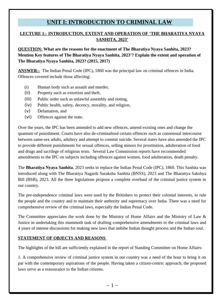 BNS DETAILED NOTES Unit 1 | PDF | Mens Rea | Crimes