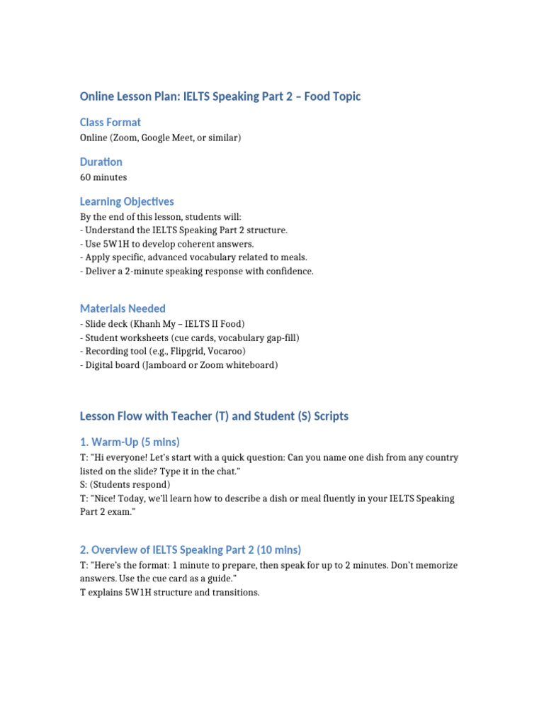 IELTS Food LessonPlan | PDF