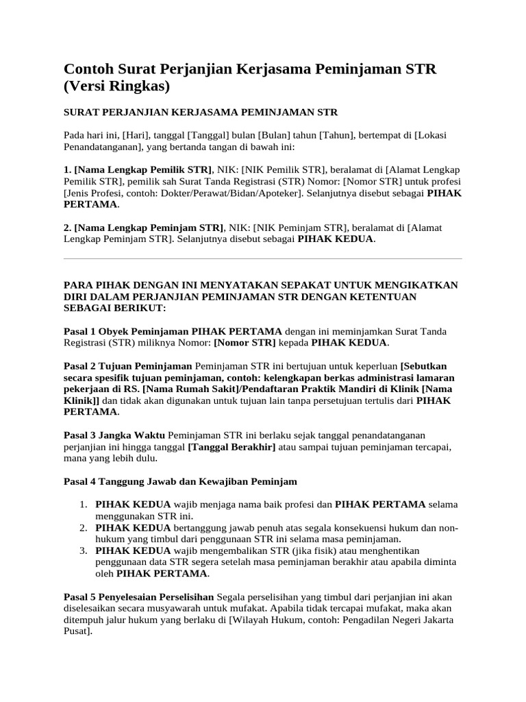 Contoh Ringkas Surat Perjanjian Pinjam STR | PDF