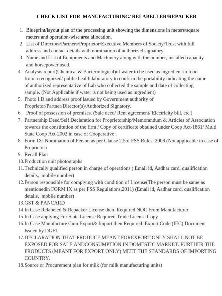 1.checklist For Central & State Man, Repack, Relab | PDF