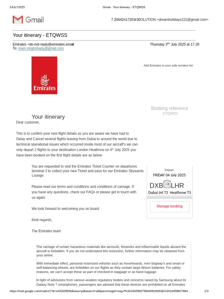 Emirates Flight EK006 Itinerary Confirmation | PDF | Emirates (Airline ...