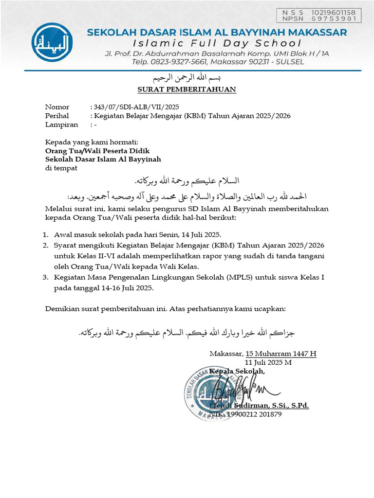 Surat Pemberitahuan - Kegiatan Belajar Mengajar (KBM) Tahun Ajaran 2025 ...