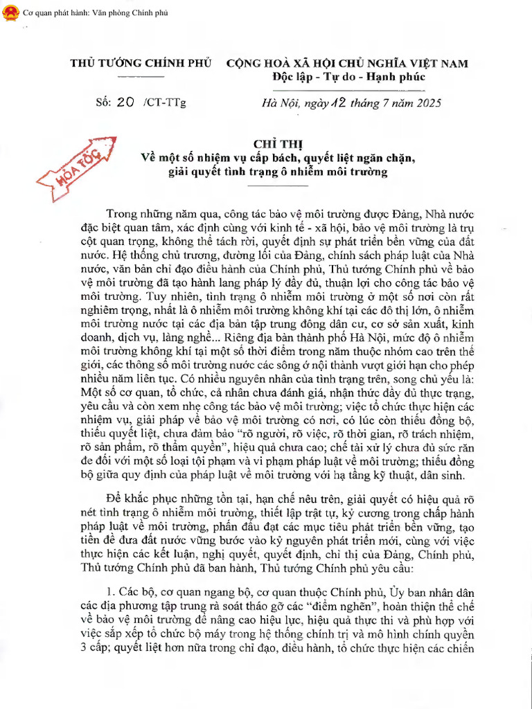 20.CT-TTg Ve Mot So Nhiem Vu Cap Bach, Quyet Liet Ngan Chan, Giai Quyet ...