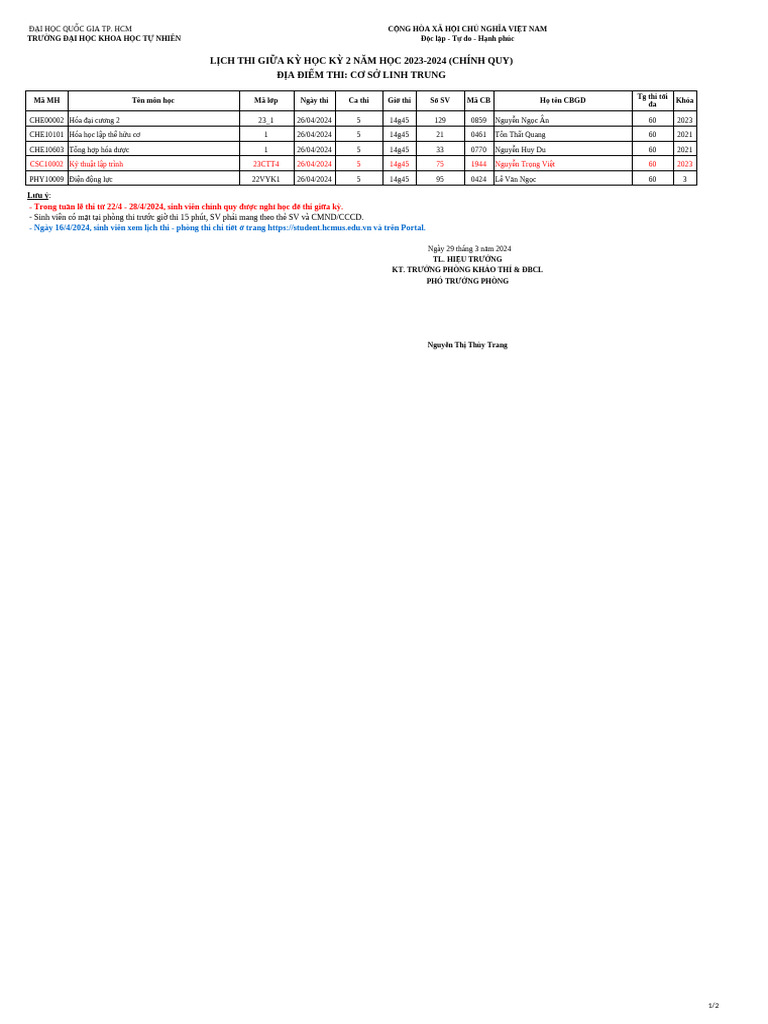 Bosung-Lich Thi Giua Ky Hk2 - 2324 - Cquy - Linh Trung - NVC - Cap Nhat 17.4.24 | PDF