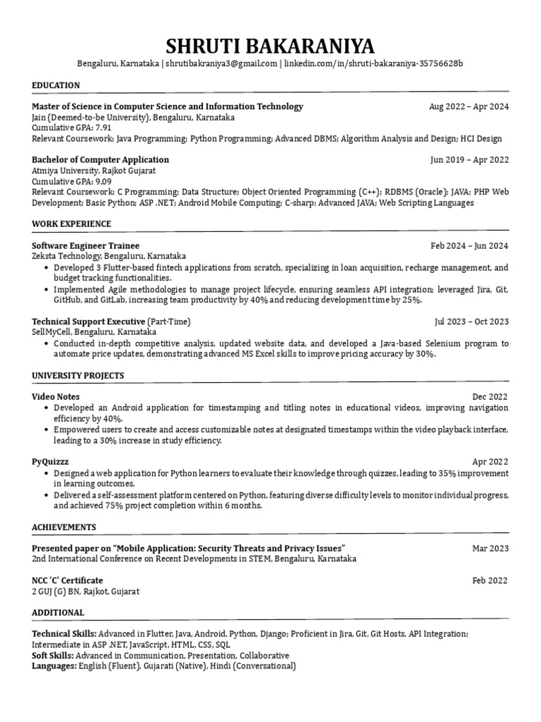 Shruti Resume 2024 Final | PDF | Java (Programming Language) | Python (Programming Language)