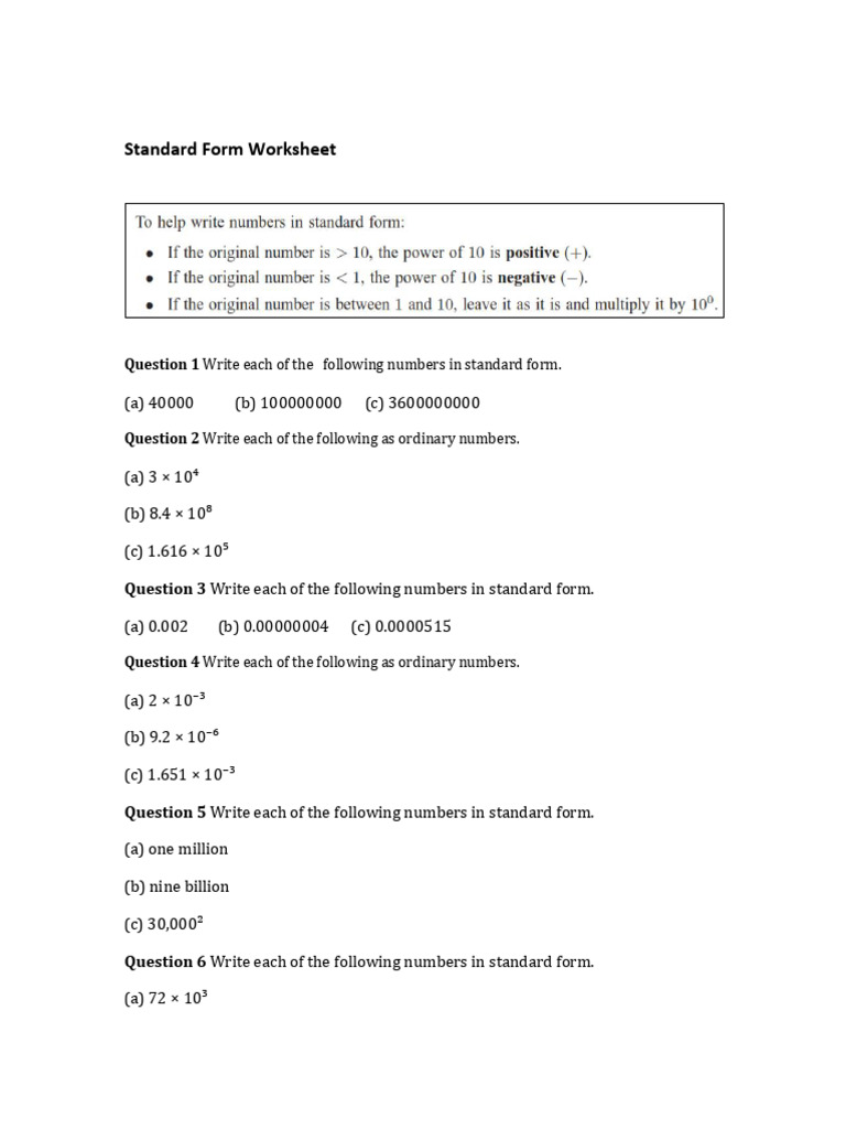 Standard Form Questions - CW | PDF