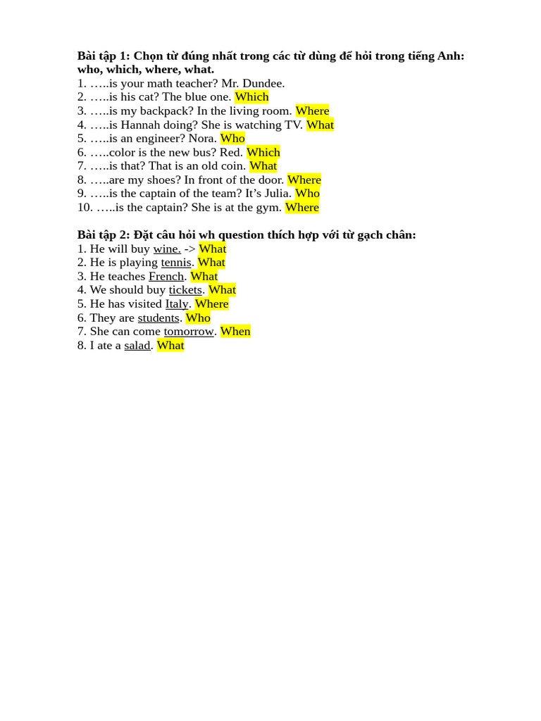 WH Question Practice Exercises | PDF