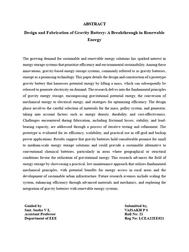 Gravity Battery Design and Fabrication | PDF | Energy Storage ...