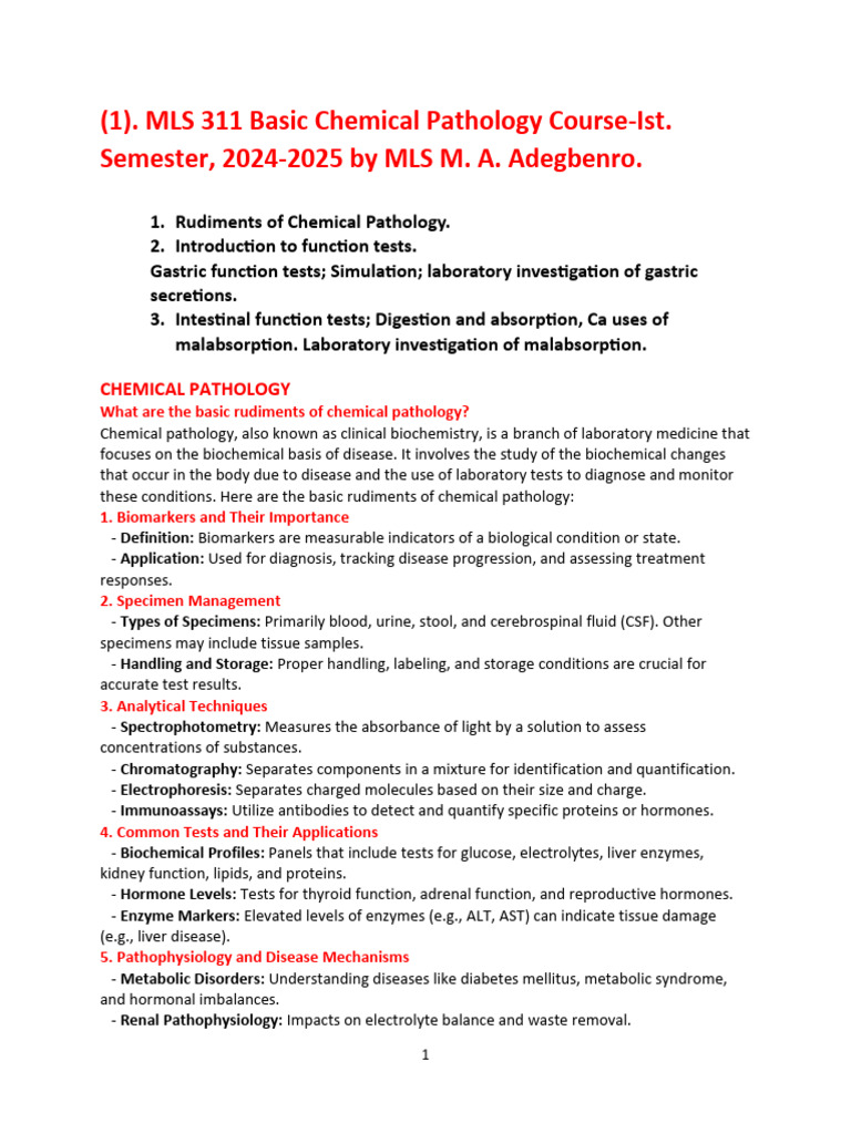 MLS 311 Basic Chem Path Course-Ist Semester 2024-2025 | PDF | Stomach | Indigestion