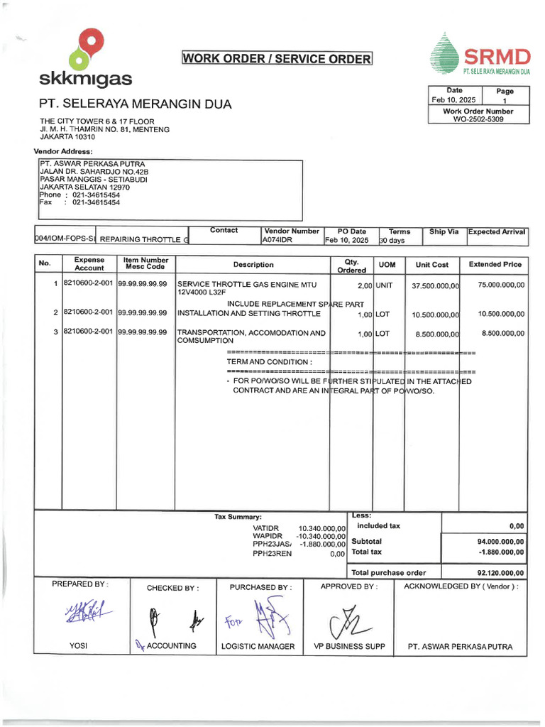 Contract Wo-2502-5309 - Pt. Aswar Perkasa Putra | PDF