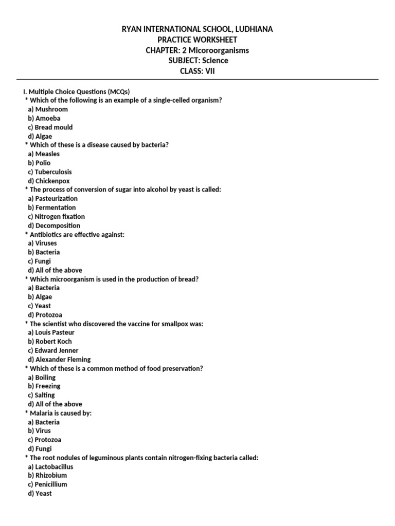 Microorganisms Practice Worksheet for Class VII | PDF | Microorganism ...