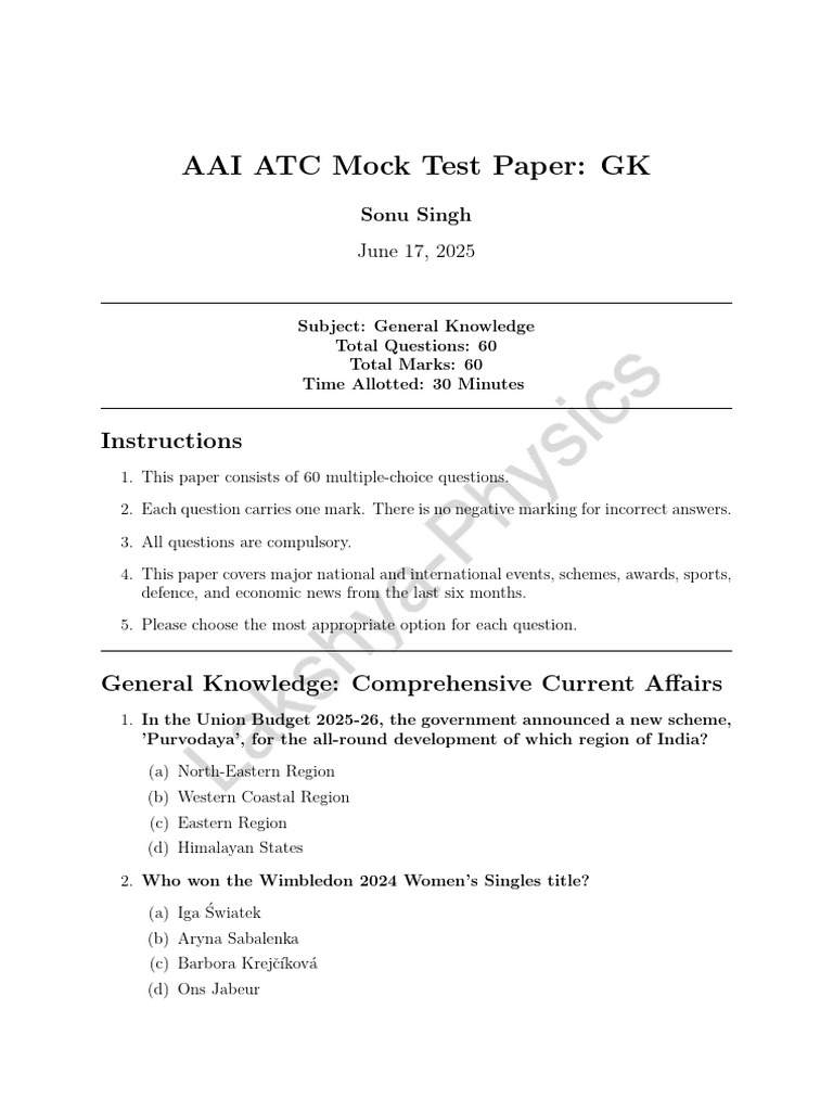AAI ATC GK Mock Test Paper 2025 | PDF