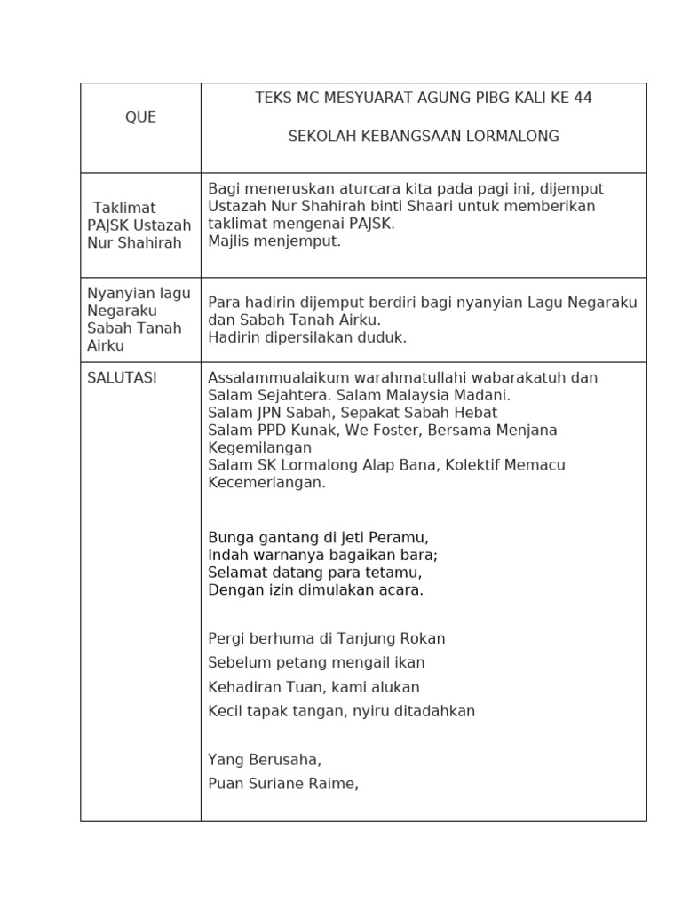 Teks MC Mesyuarat Agung Pibg 2025 | PDF