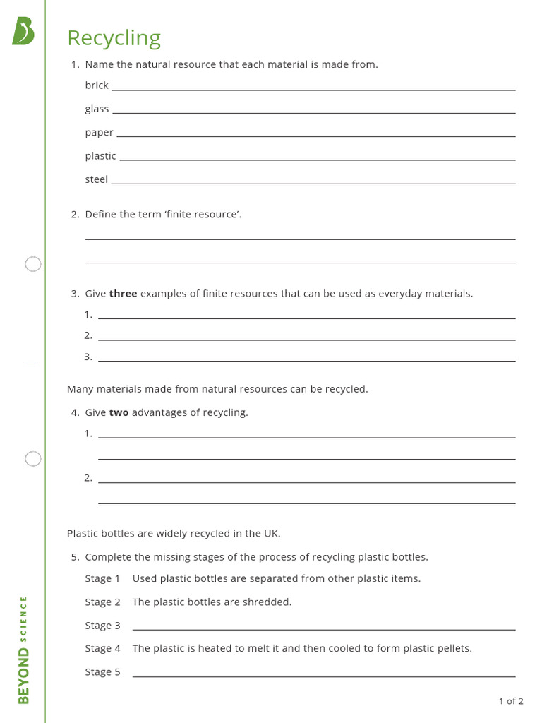 Recycling Homework Worksheet | PDF