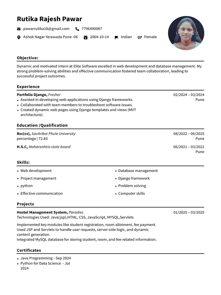 Rutika Rajesh Pawar FlowCV Resume 20250709 | PDF