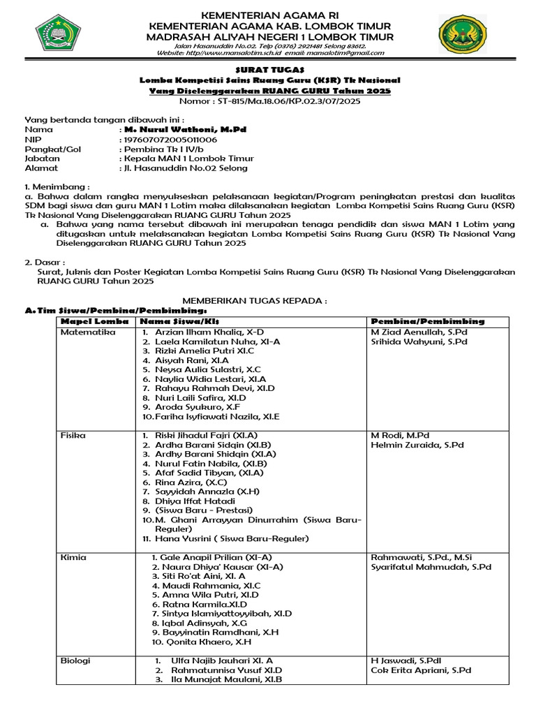 Revisi Surat Tugas Lomba Olimpiade Mapel TK Nasional Ruang Guru 2025 | PDF