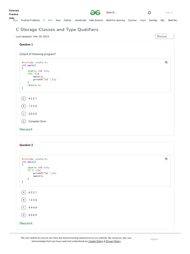 Quiz About C Storage Classes and Type Qualifiers | PDF | Http Cookie ...