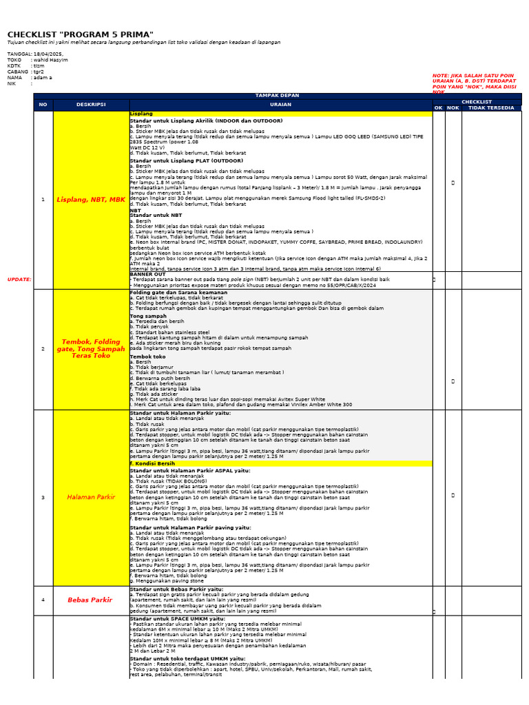 Checklist Program 5 Prima Toko 2025 | PDF