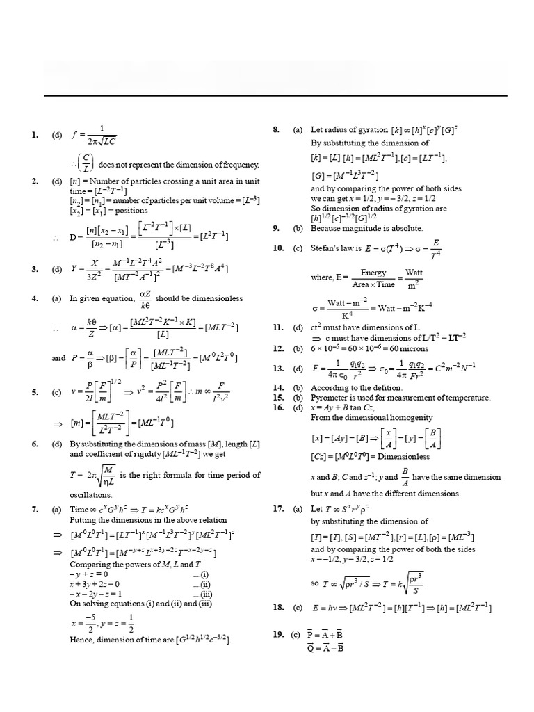 DPP For NEET CH 1 Physical World, Units & Dimensions (Solutions) | PDF | Volt | Physical Quantities