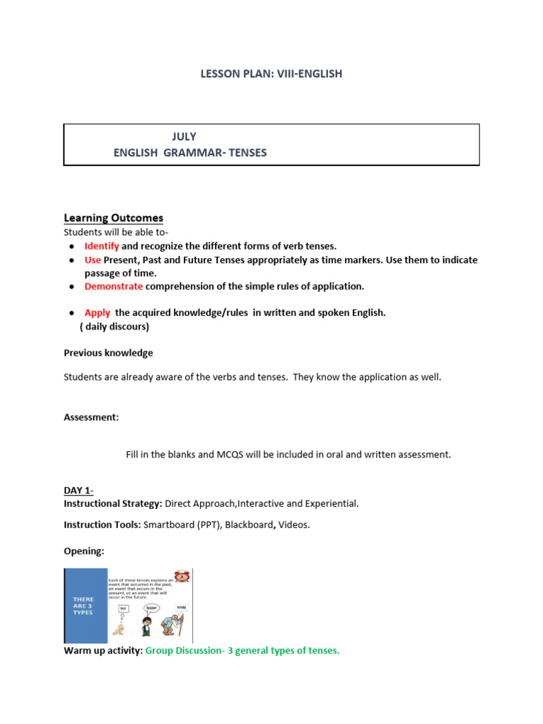 Tenses Lesson Plan for English VIII | PDF | Critical Thinking ...