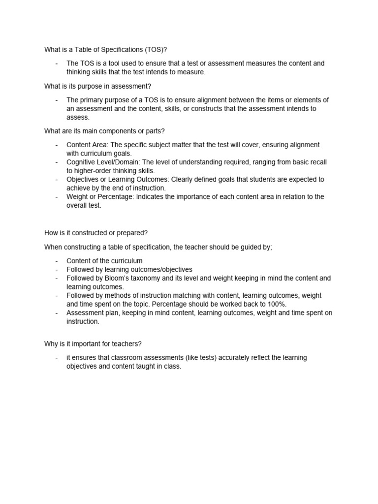 Understanding Table of Specifications | PDF