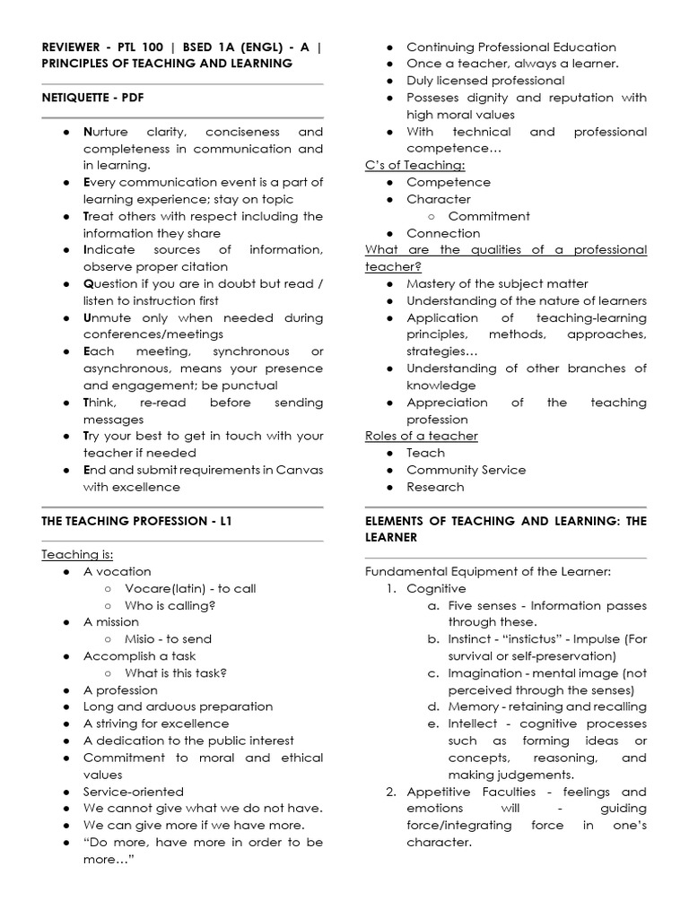 Reviewer - PTL 100 - Bsed 1a (Engl) - A - Principles of Teaching and ...