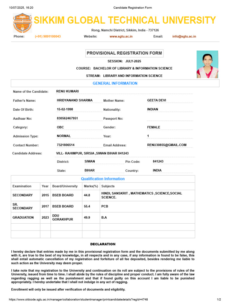Candidate Registration Form RENU | PDF
