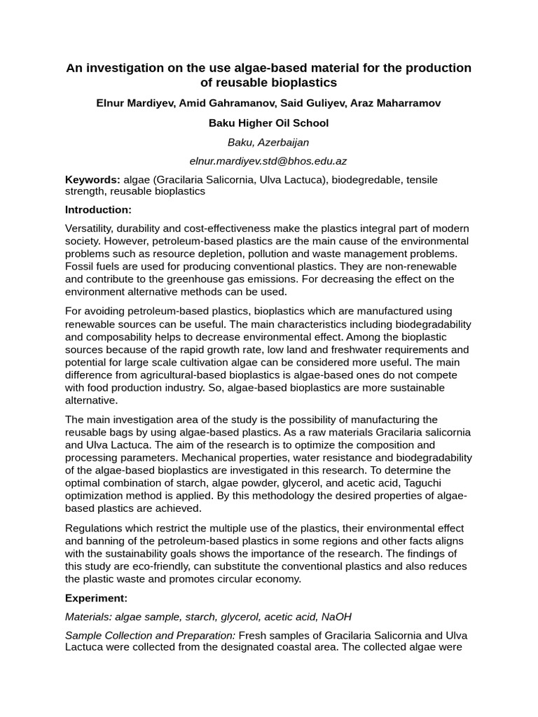 Algae-Based Bioplastics for Sustainability | PDF | Biodegradation | Plastic